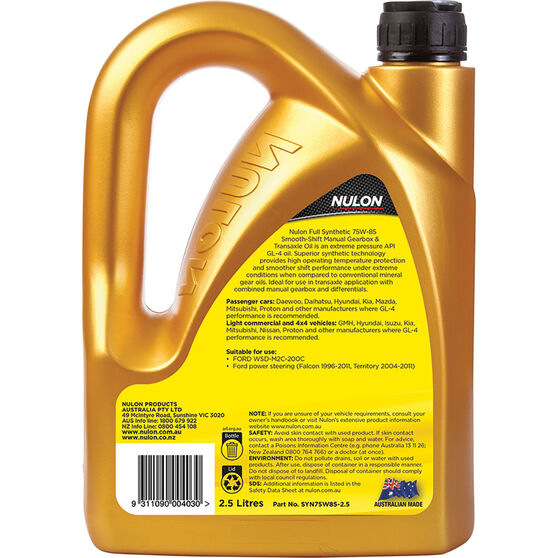 Nulon Full Synthetic Smooth Shift Manual Transmission Oil - 75W-85, 2.5 ...