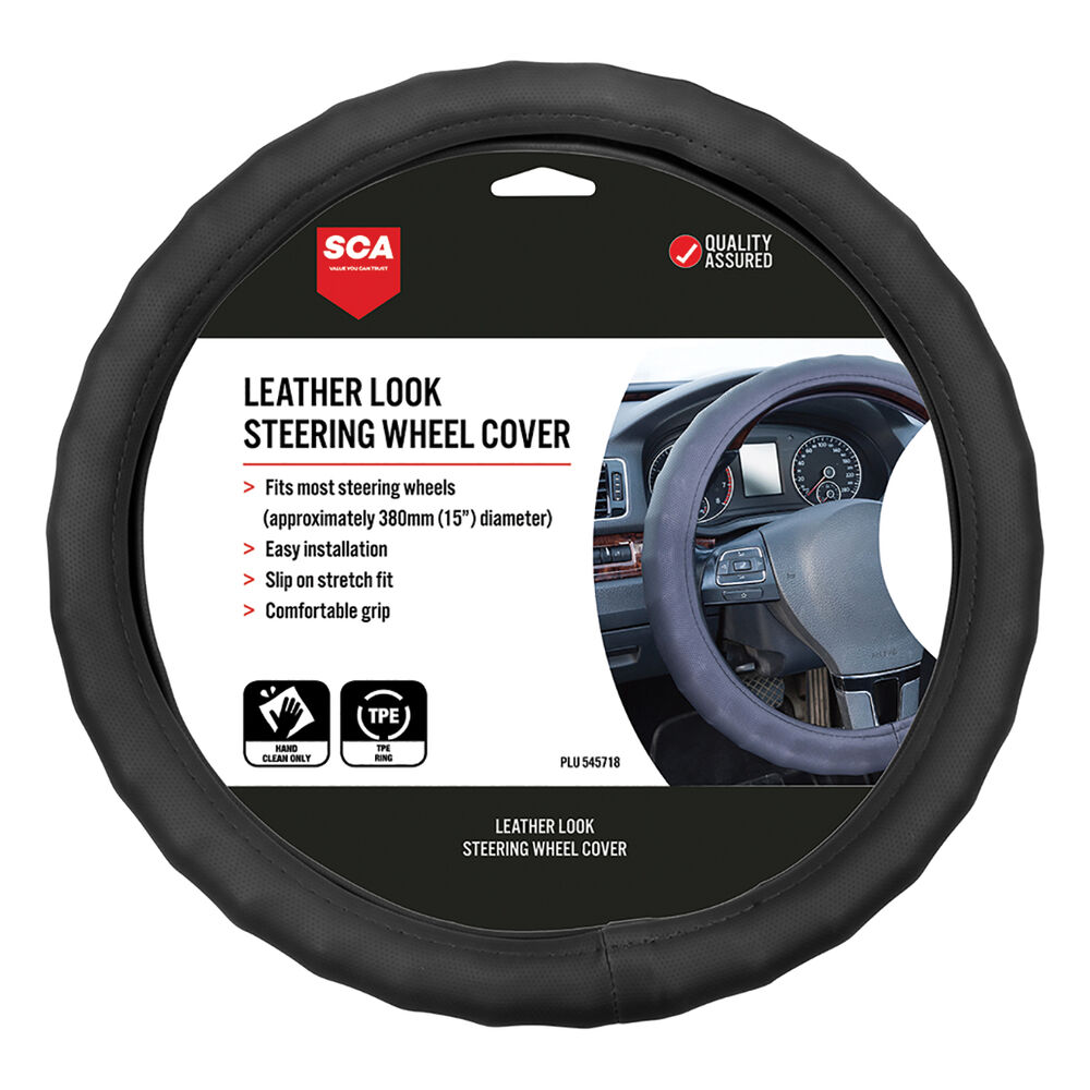 SCA Steering Wheel Cover - Leather Look, Black, 380mm diameter ...