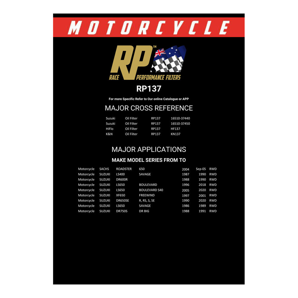 Race Performance Motorcycle Oil Filter - RP137 | Supercheap Auto New ...