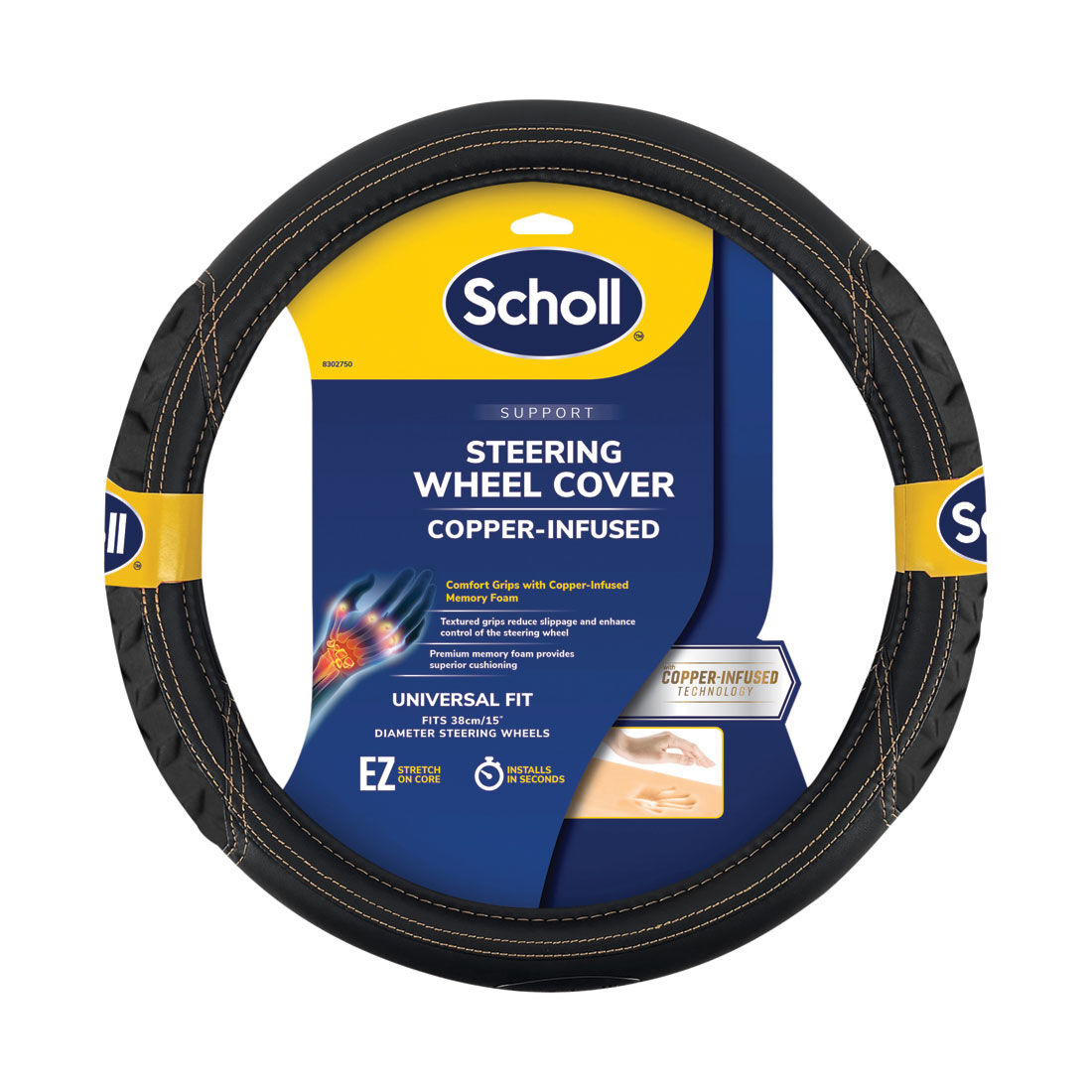 Scholl Copper Infused Memory Foam Black/Copper Steering Wheel Cover ...