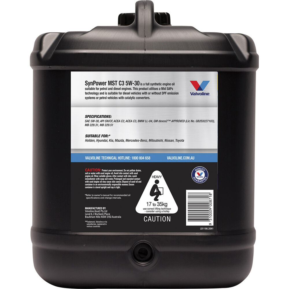 Valvoline Synpower MST C3 Engine Oil 5W-30 20 Litre | Supercheap Auto ...